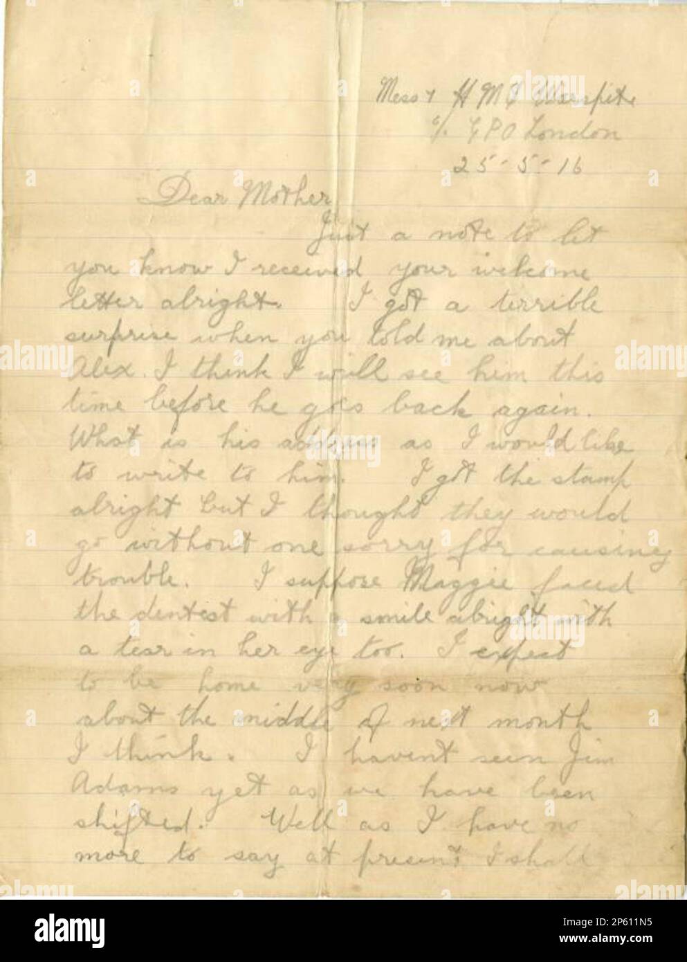 letter from George Rennie on HMS Warspite 25th May 1916, 1916 Stock ...