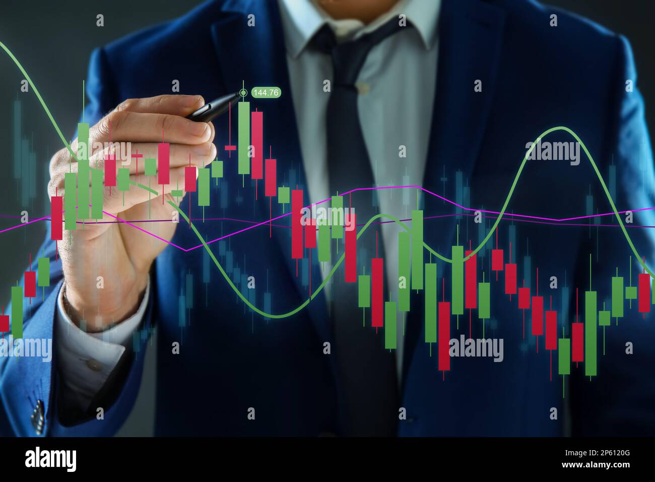 Stock exchange. Businessman pointing at virtual screen electronic ...