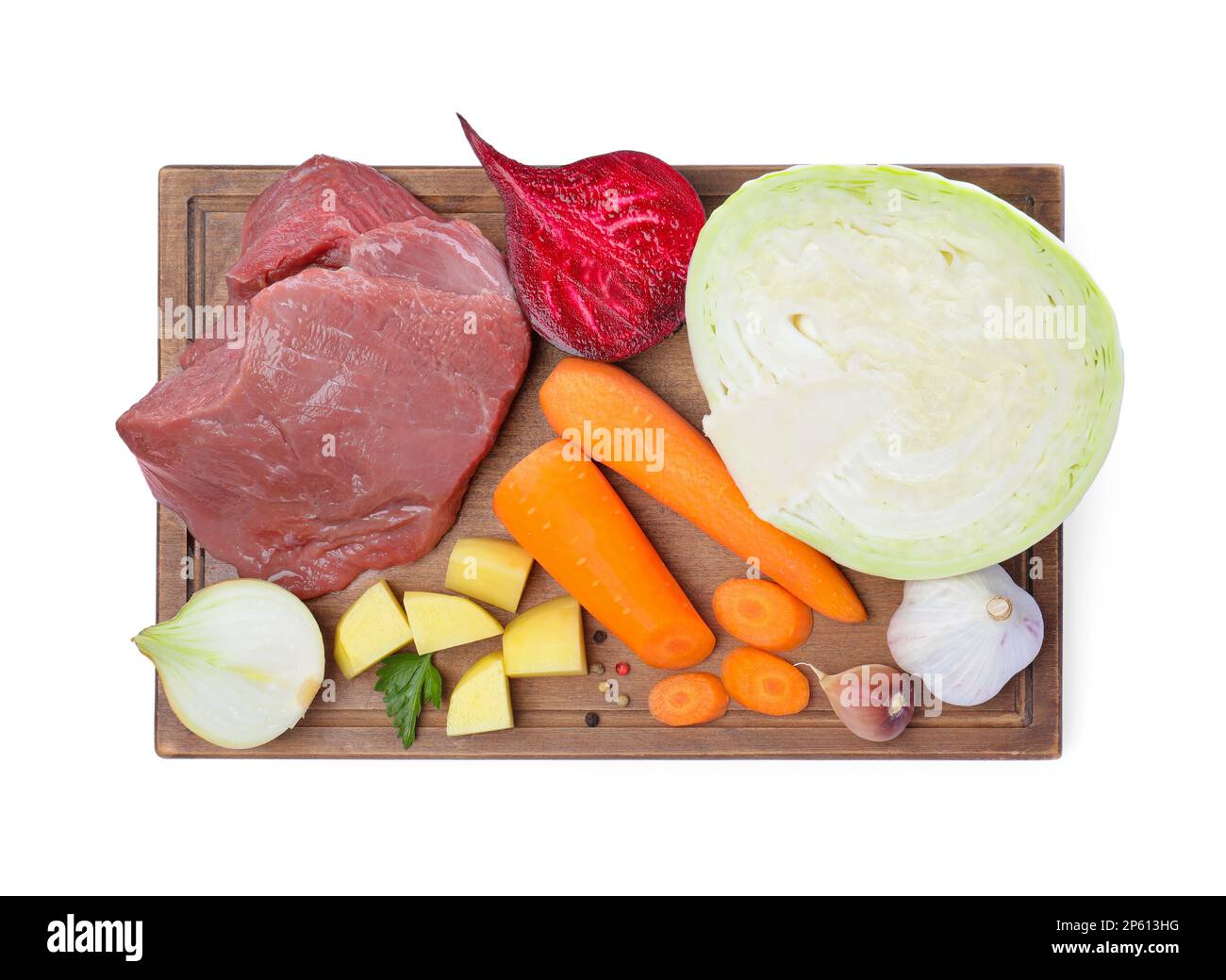 Ingredients for traditional borscht on white background, top view Stock ...