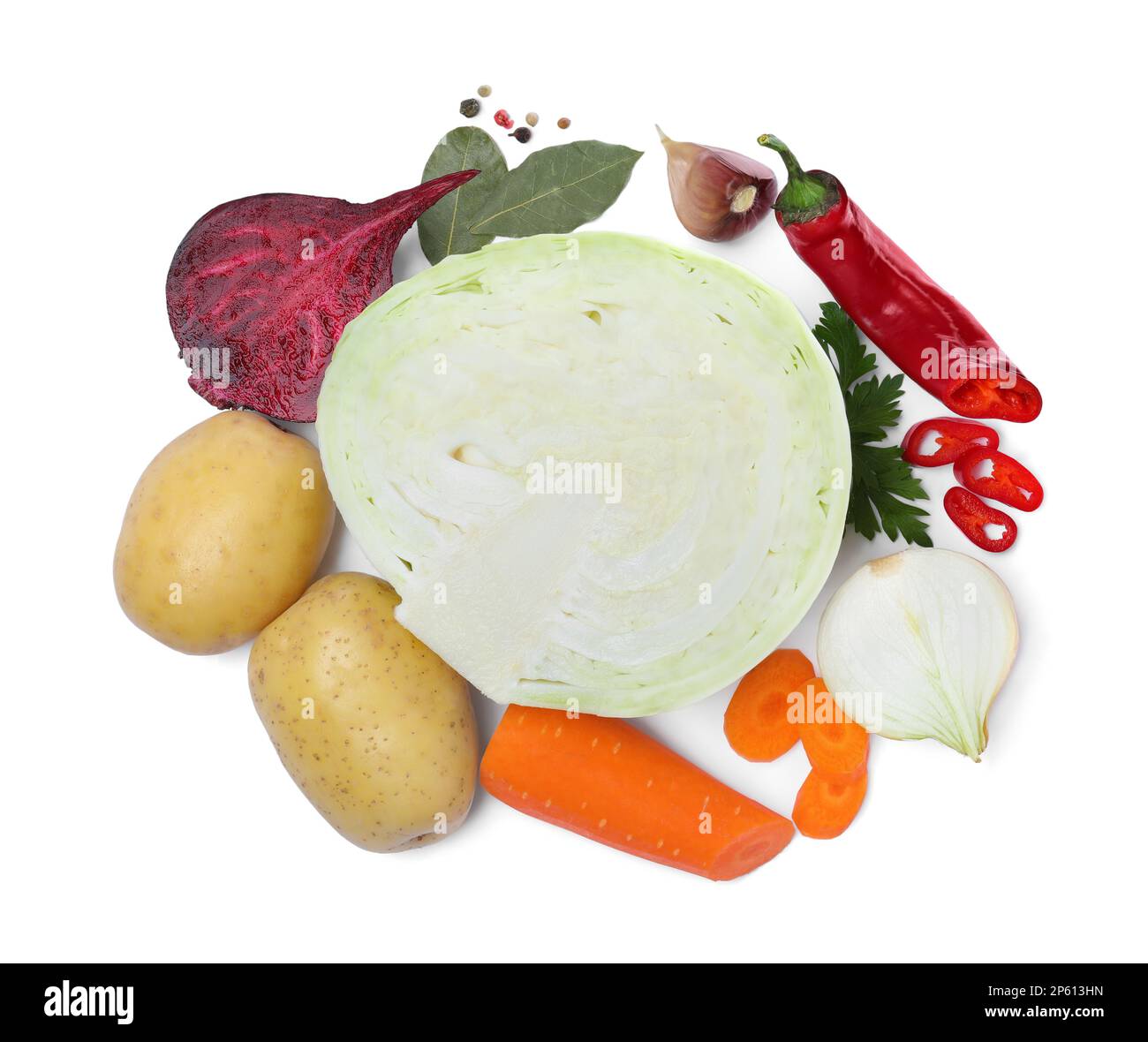Ingredients for traditional borscht on white background, top view Stock ...