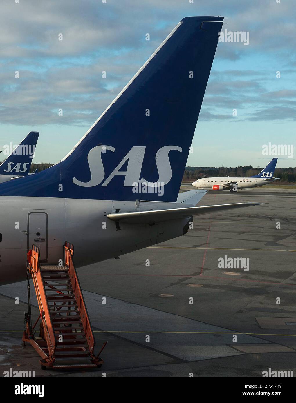 The tail-fin of an SAS Boeing 737 aircraft at Stockholm Arlanda airport ...