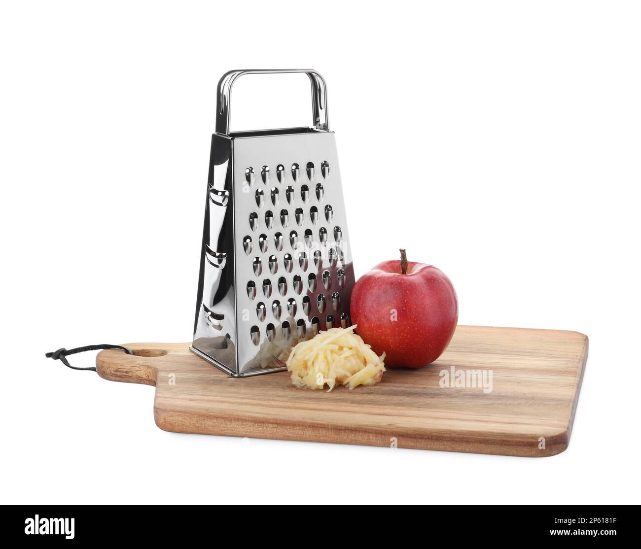 Stainless steel grater and fresh apple on white background Stock Photo ...