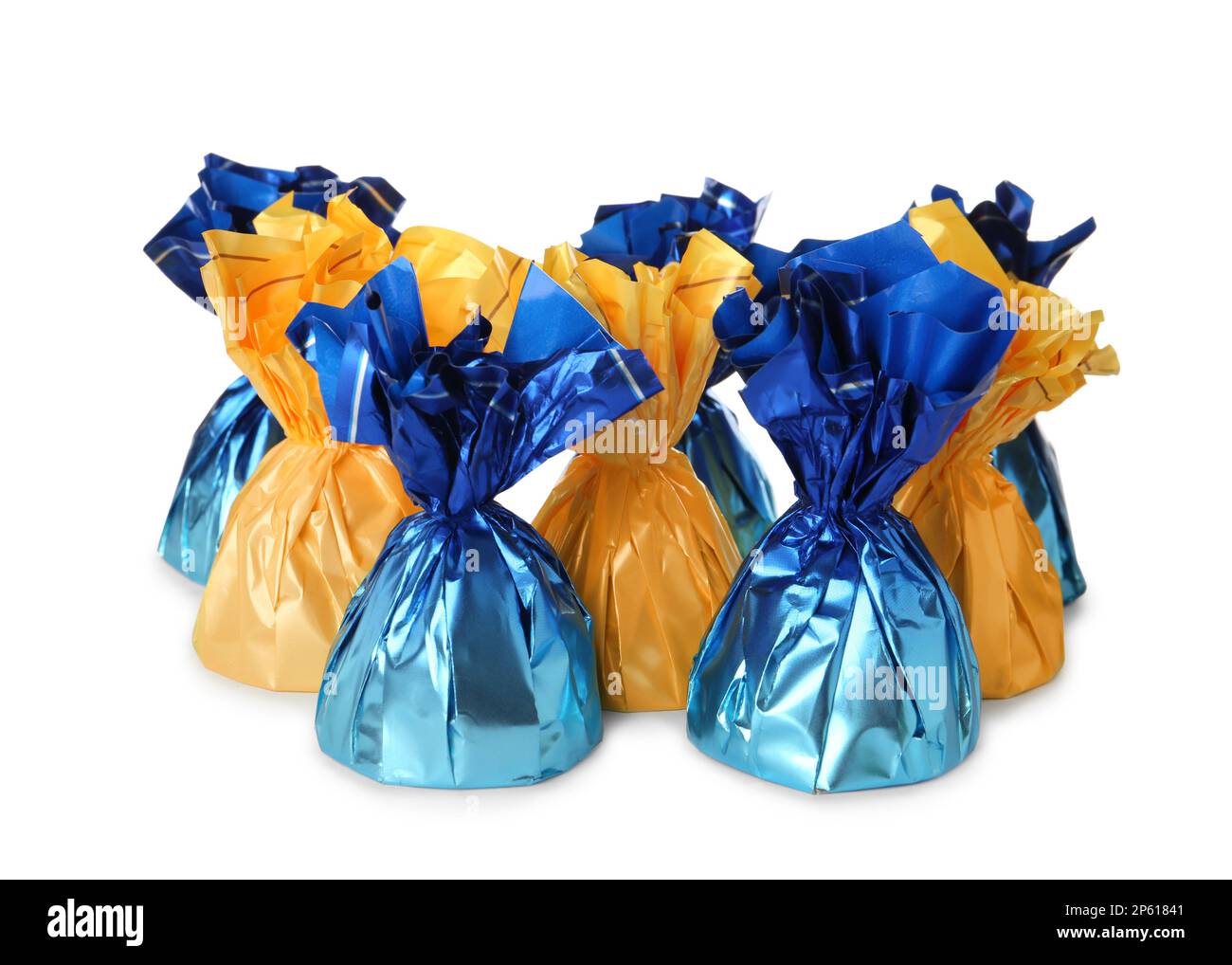 Delicious candies in colorful wrappers on white background Stock Photo ...