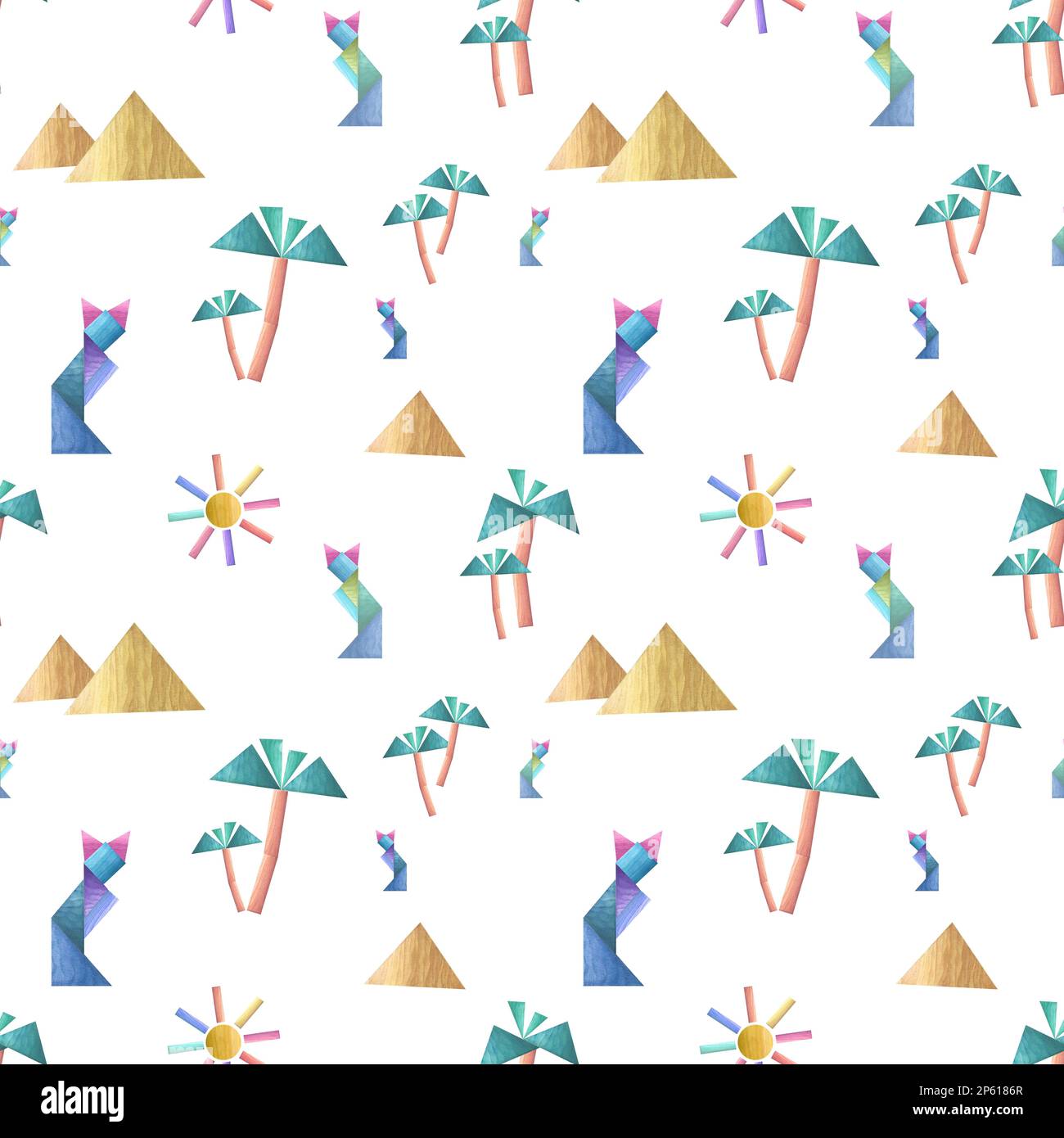 Watercolor seamless pattern of palm trees, pyramids, cats built from ...