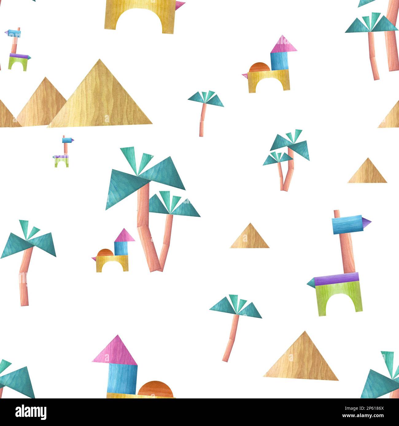 Watercolor seamless pattern of palm trees, pyramids, animals built from ...