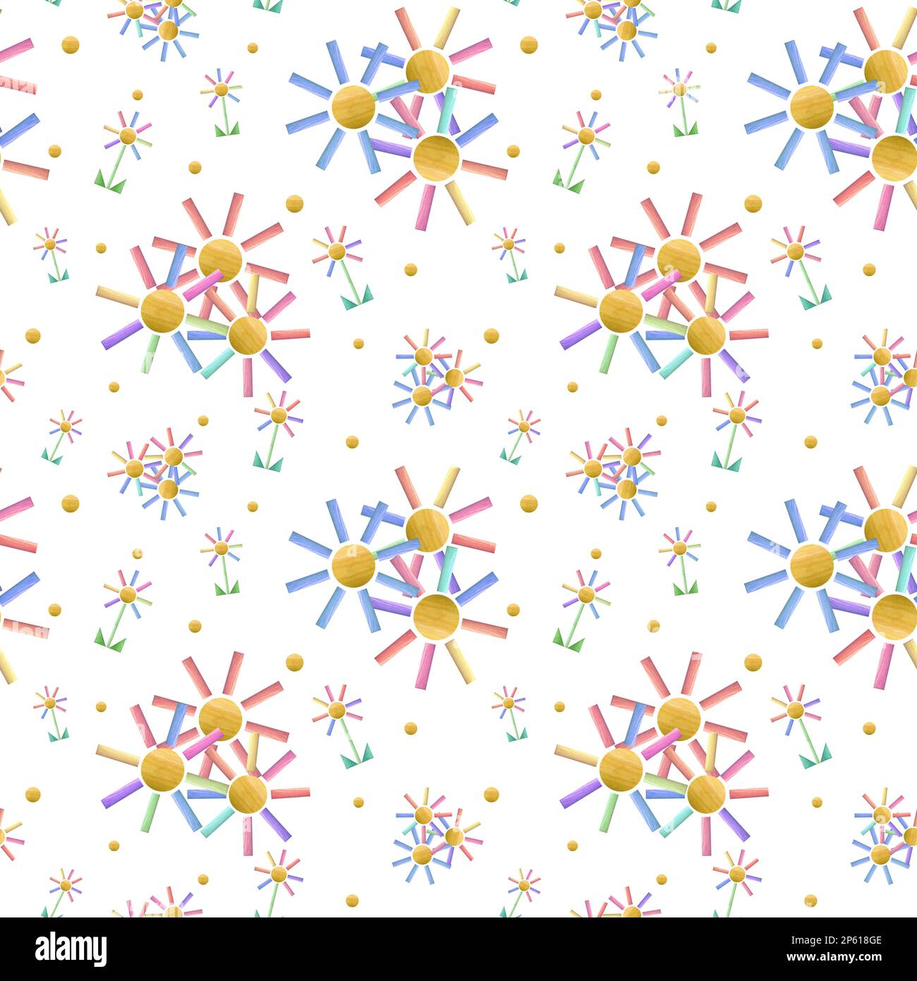Watercolor seamless pattern of flowers built from wooden bricks. Hand ...