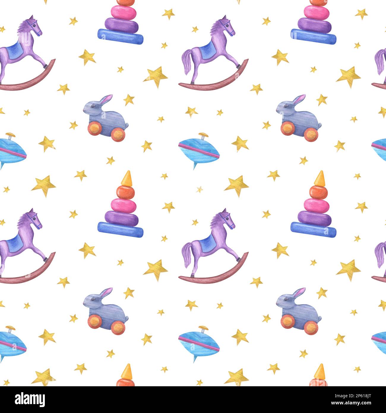 Watercolor seamless pattern of kid wooden toys isolated on white ...