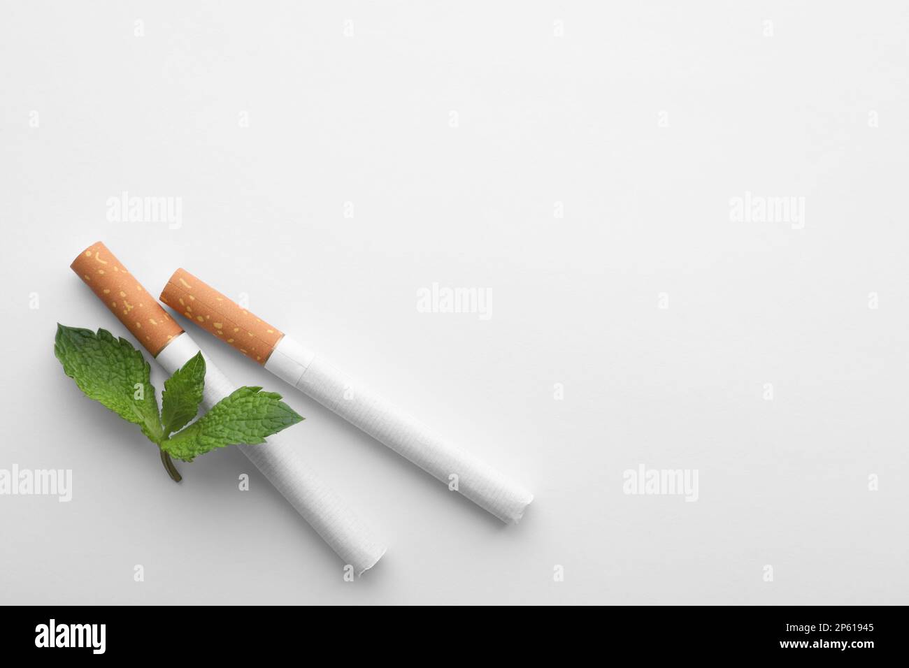 Menthol cigarettes and fresh mint leaves on white background, flat lay ...