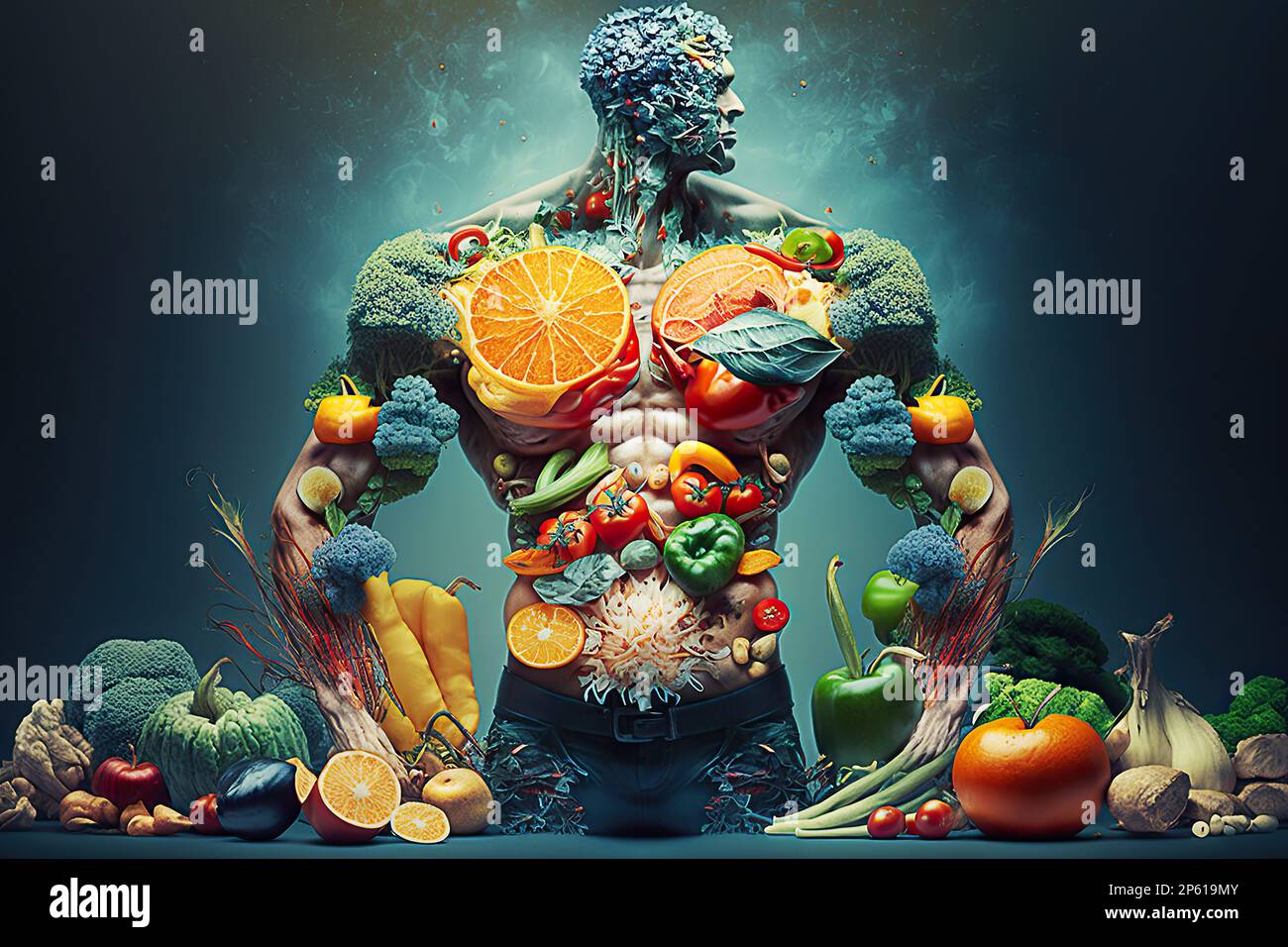 abstract picture of a pumped-up man made up of fruits, vegetables ...