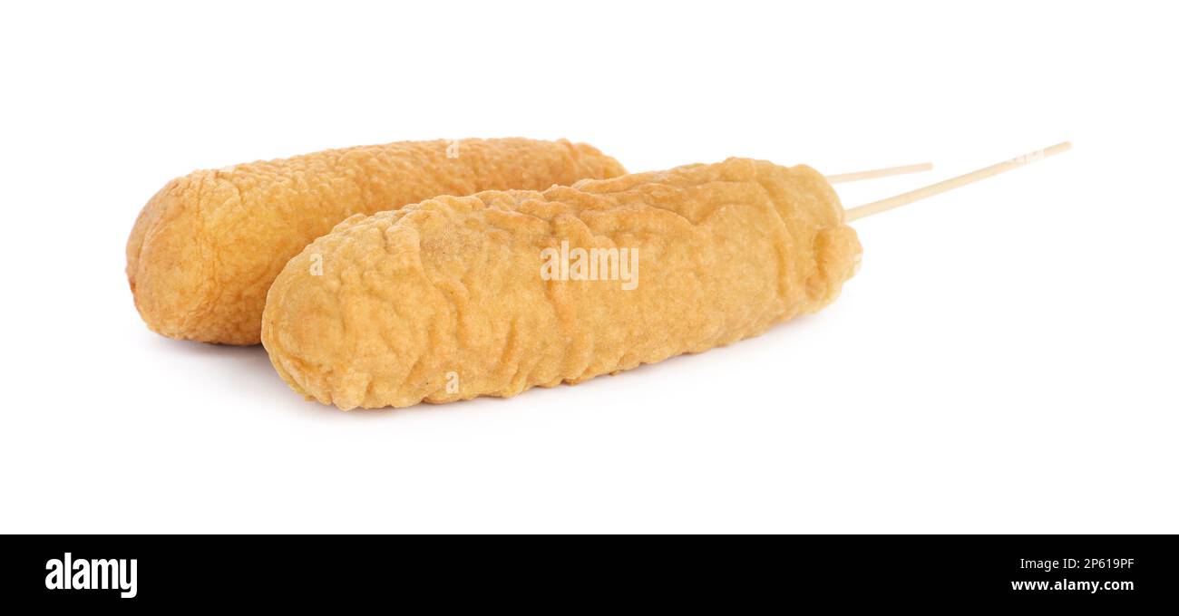 Delicious deep fried corn dogs isolated on white Stock Photo - Alamy