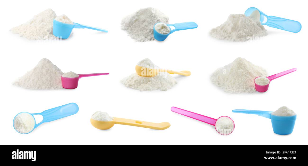 Set with powdered infant formula and scoops on white background. Baby ...