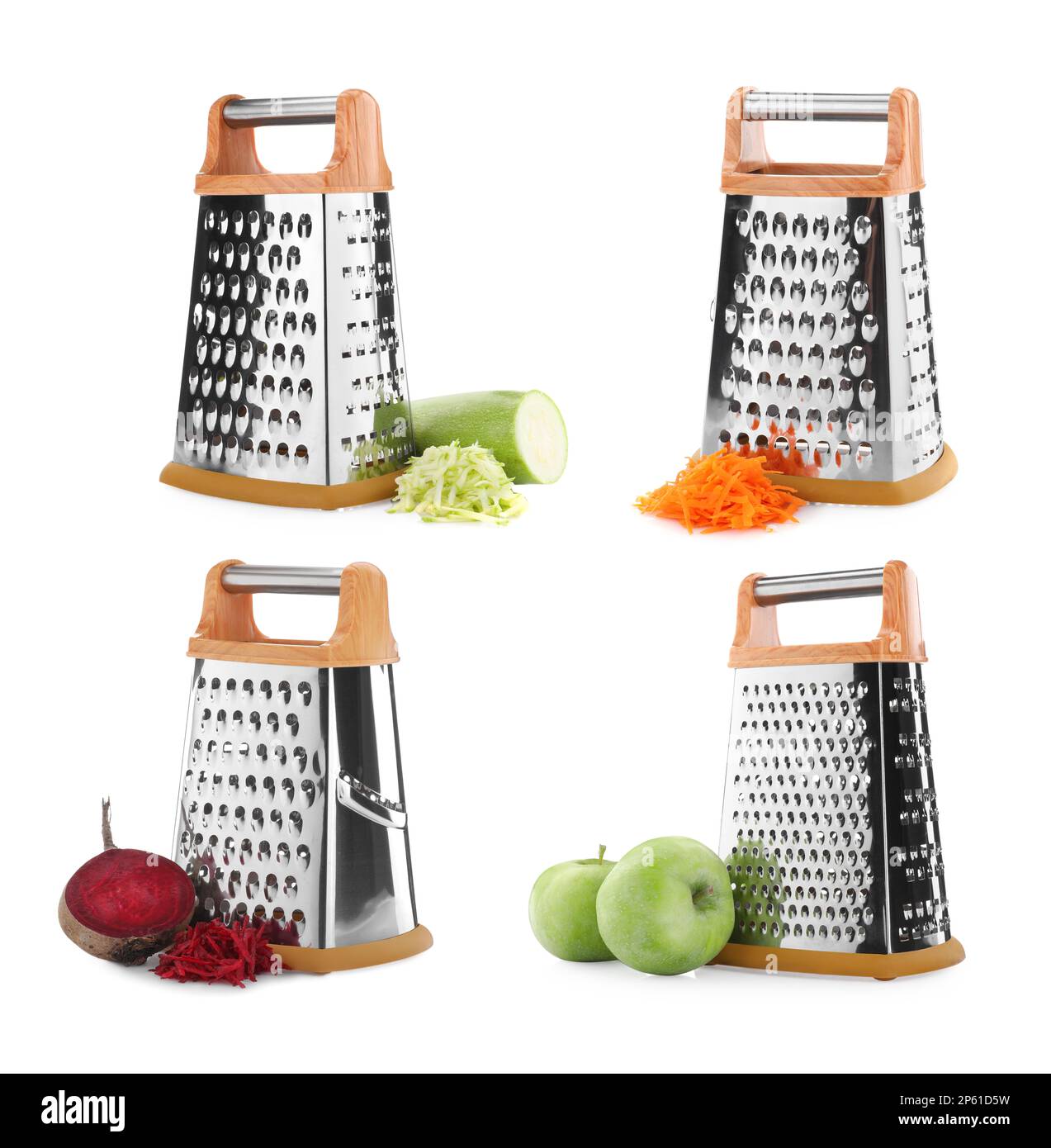 Set with stainless steel graters and fresh products on white background ...