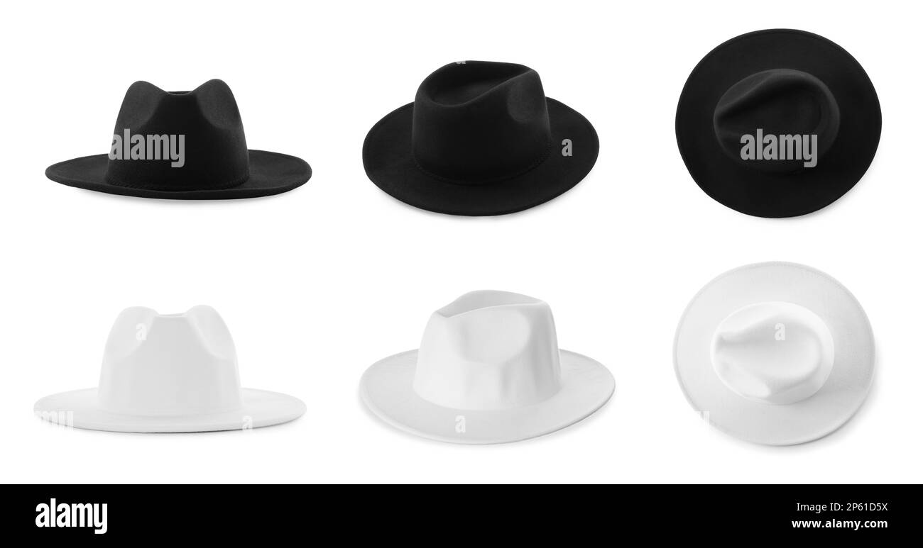 Set with different stylish hats on white background, banner design ...
