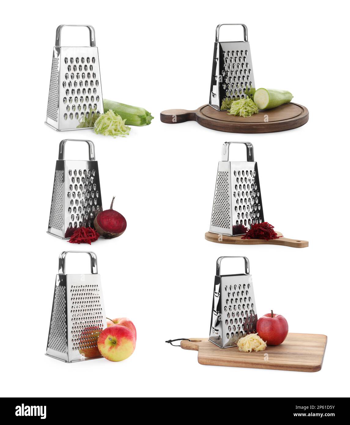 Set with stainless steel graters and fresh products on white background ...