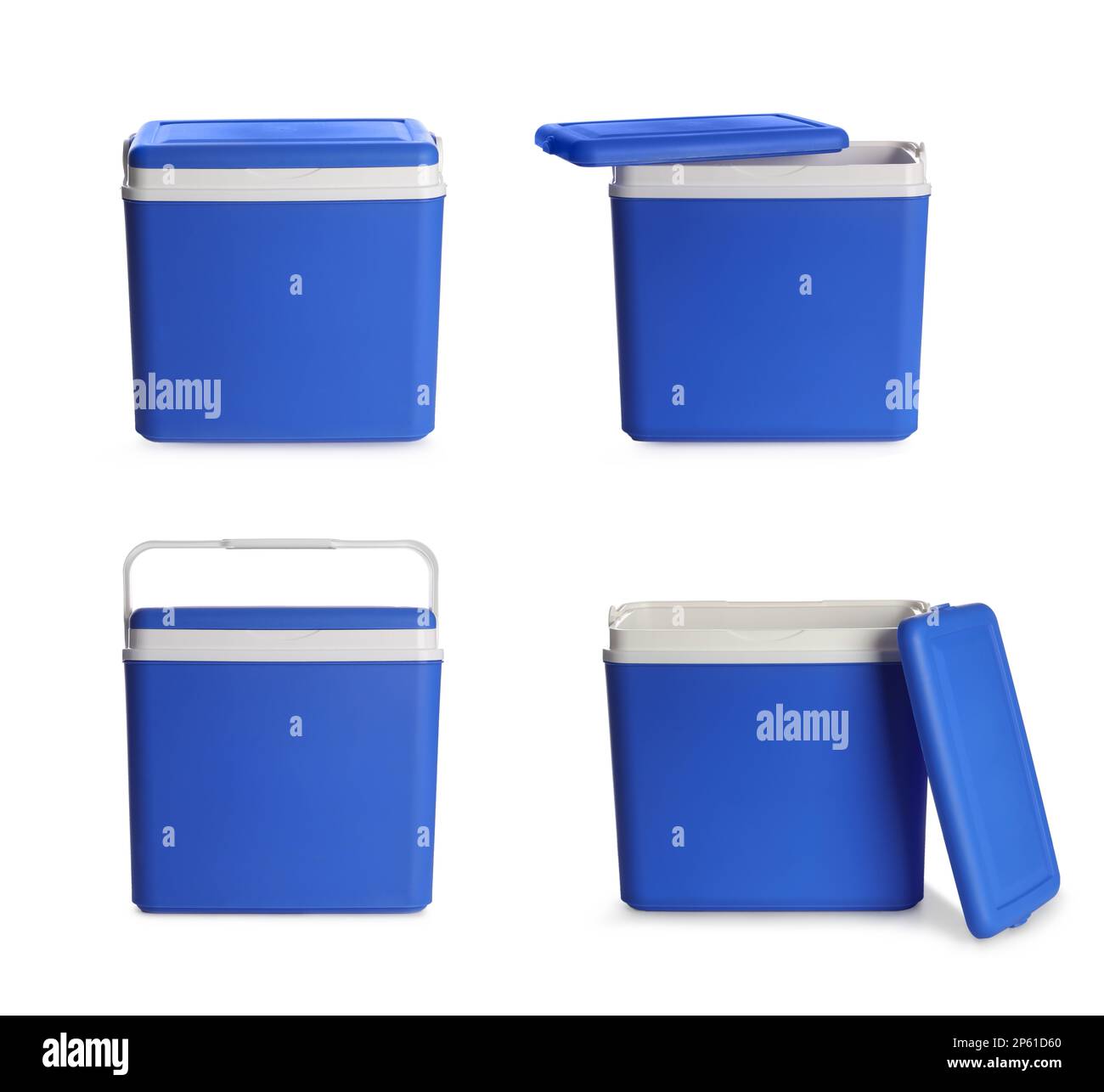 Set with blue plastic cool boxes on white background Stock Photo - Alamy