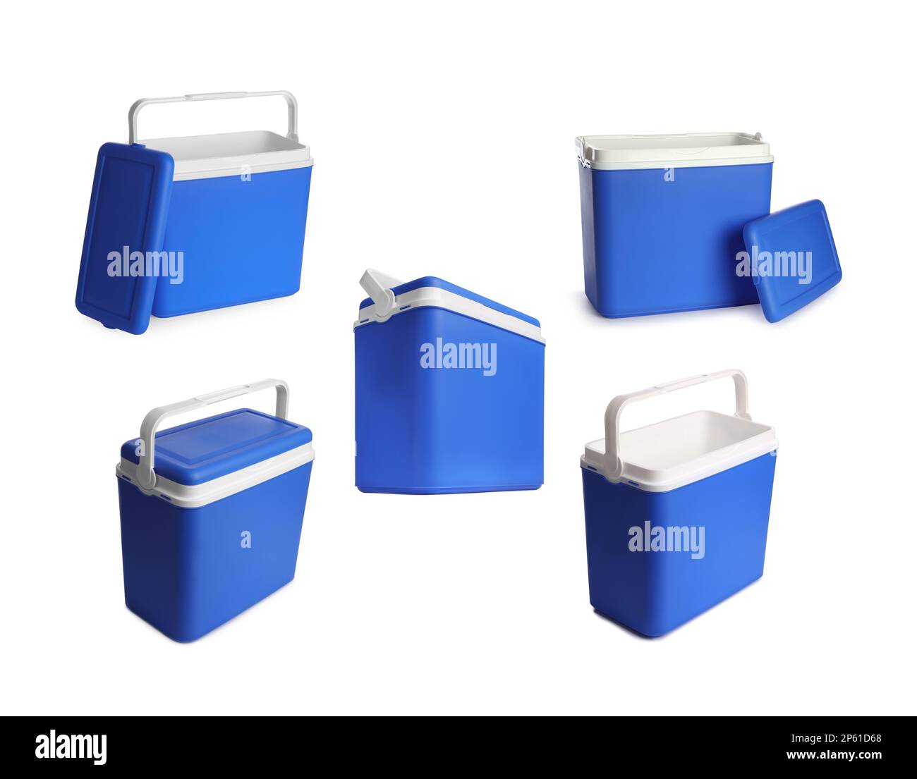 Set with blue plastic cool boxes on white background Stock Photo - Alamy