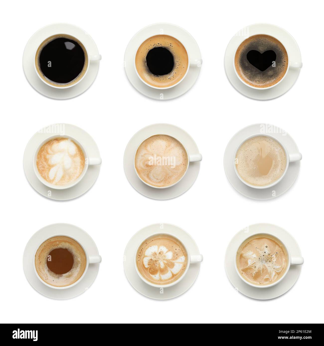 Set with cups of tasty aromatic coffee on white background, top view ...