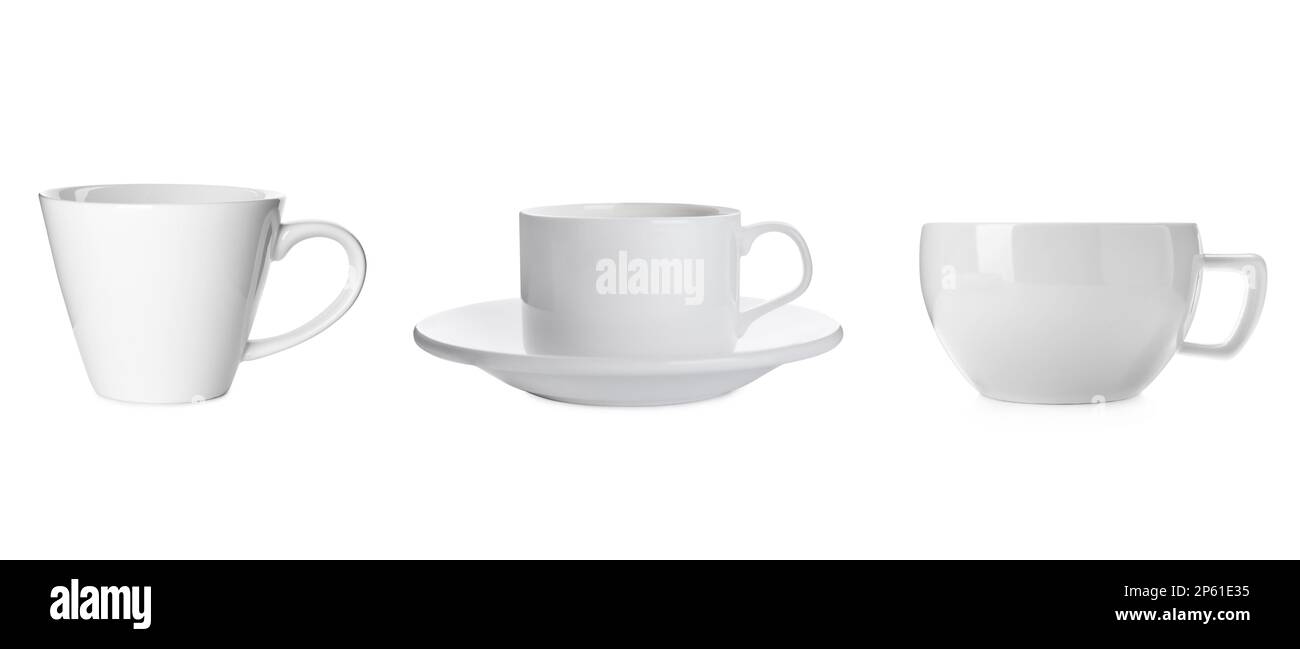 Set with different ceramic coffee cups on white background. Banner ...