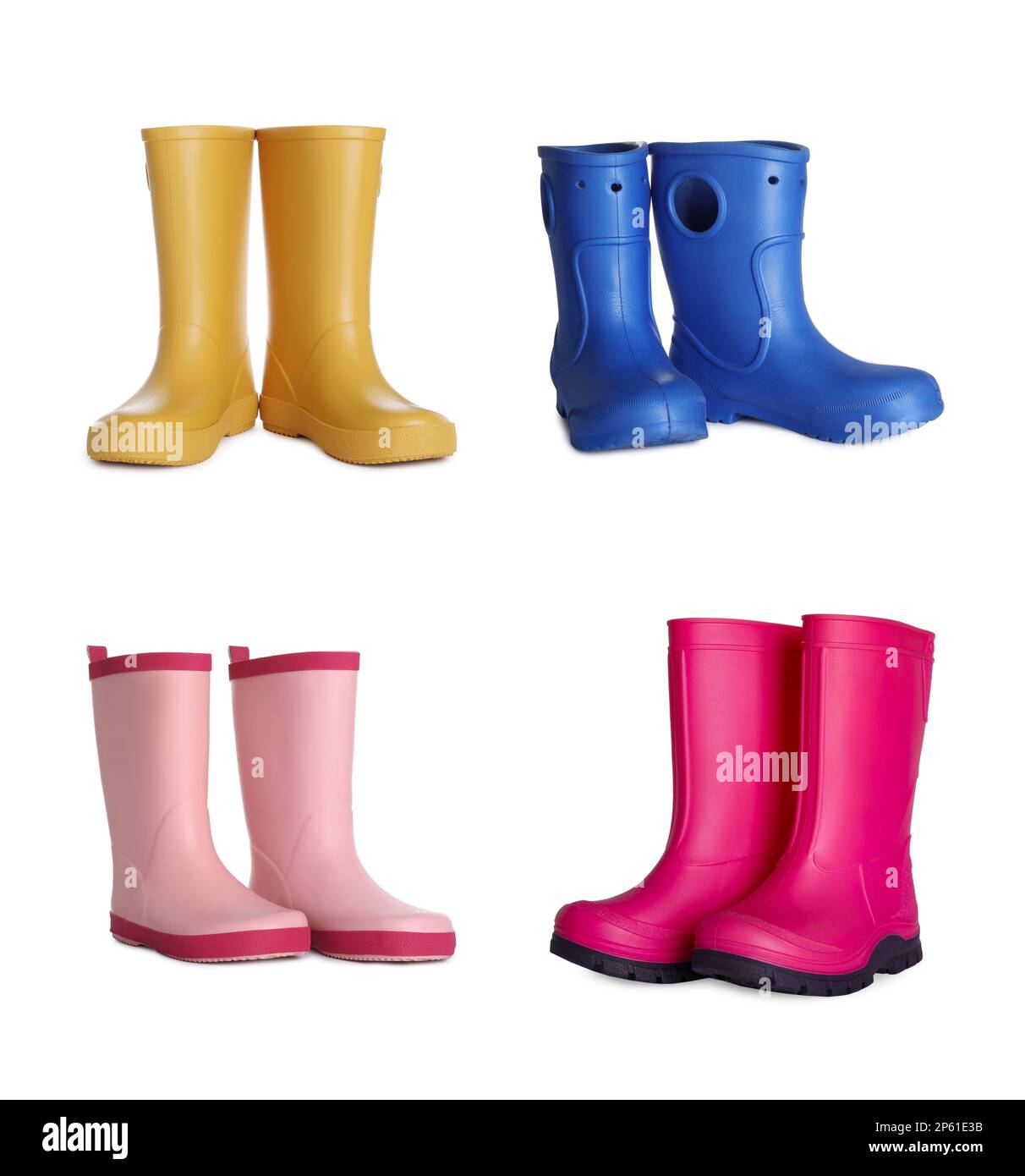 Set with different colorful rubber boots on white background Stock ...