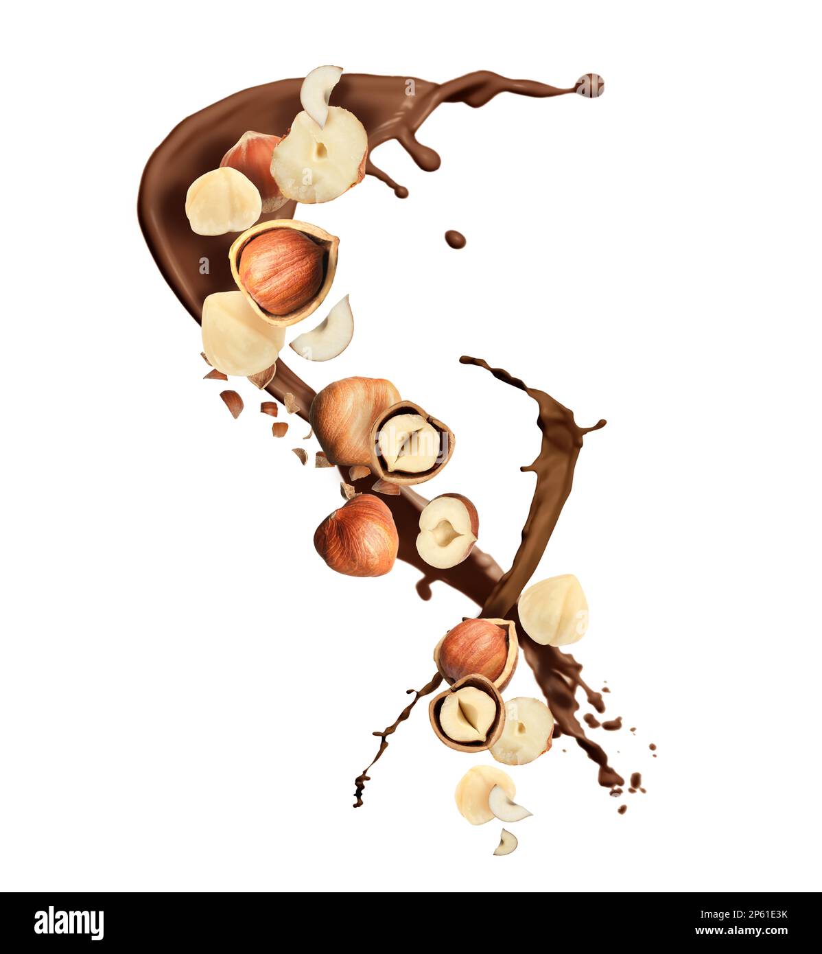 Pieces of tasty hazelnuts and delicious melted chocolate flying on ...