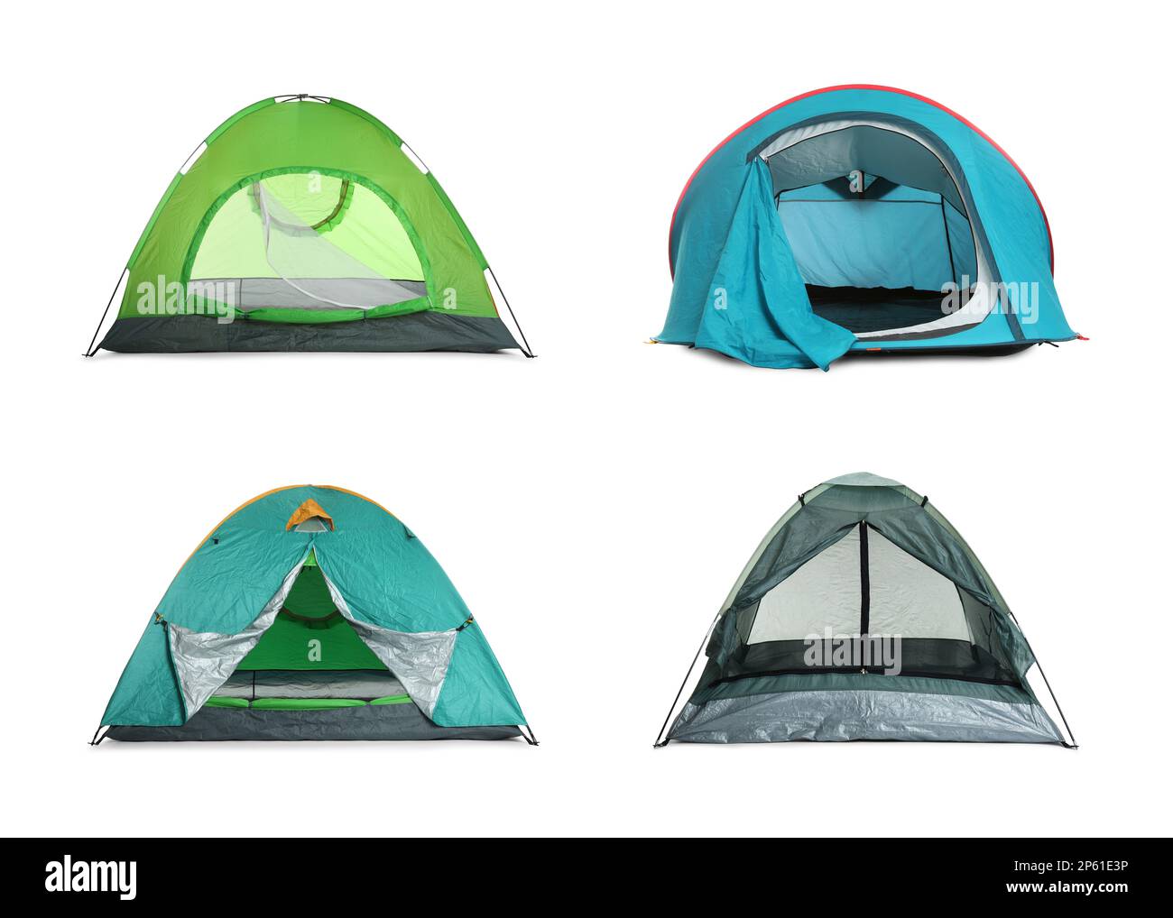 Set with different bright camping tents on white background Stock Photo ...