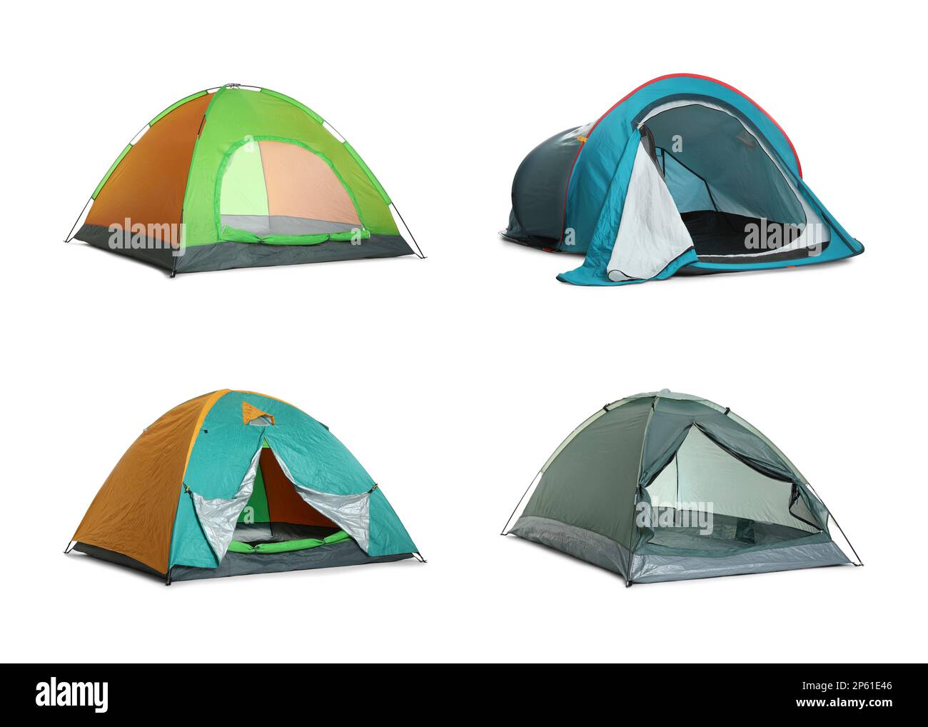 Set with different bright camping tents on white background Stock Photo ...