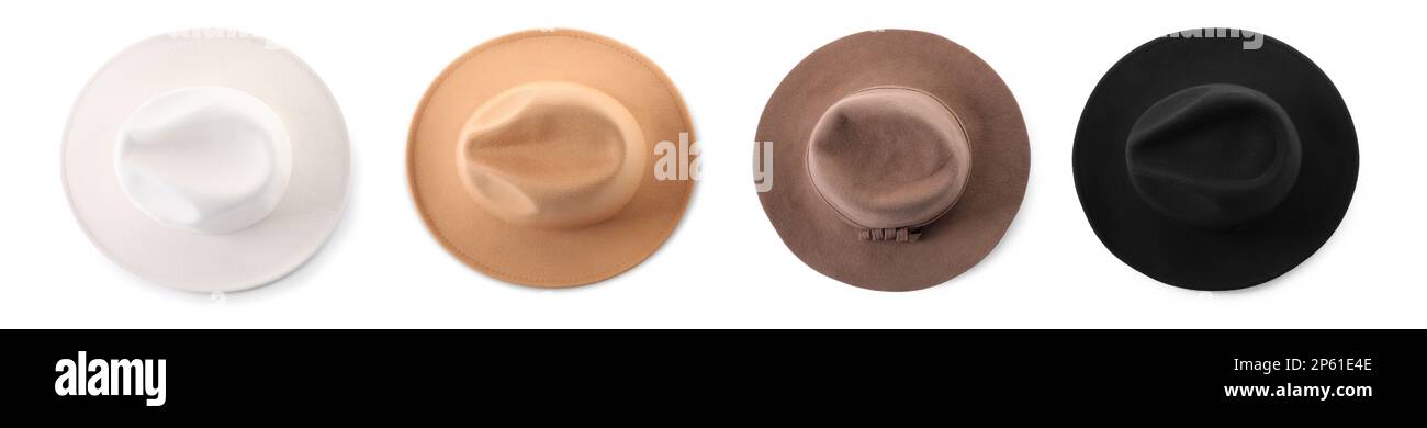 Set with different stylish hats on white background, top view. Banner ...