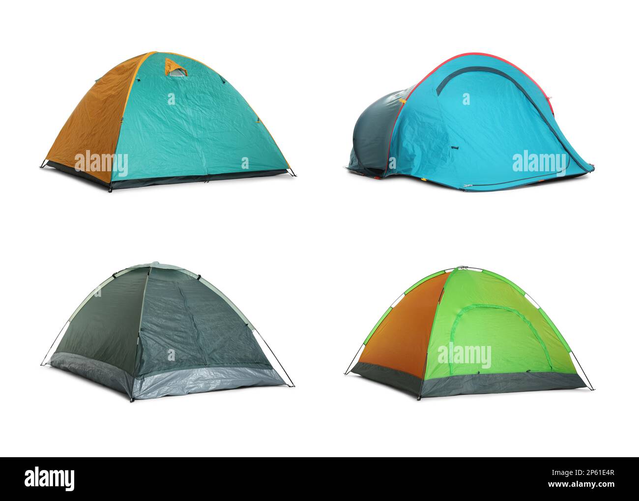 Set with different bright camping tents on white background Stock Photo ...
