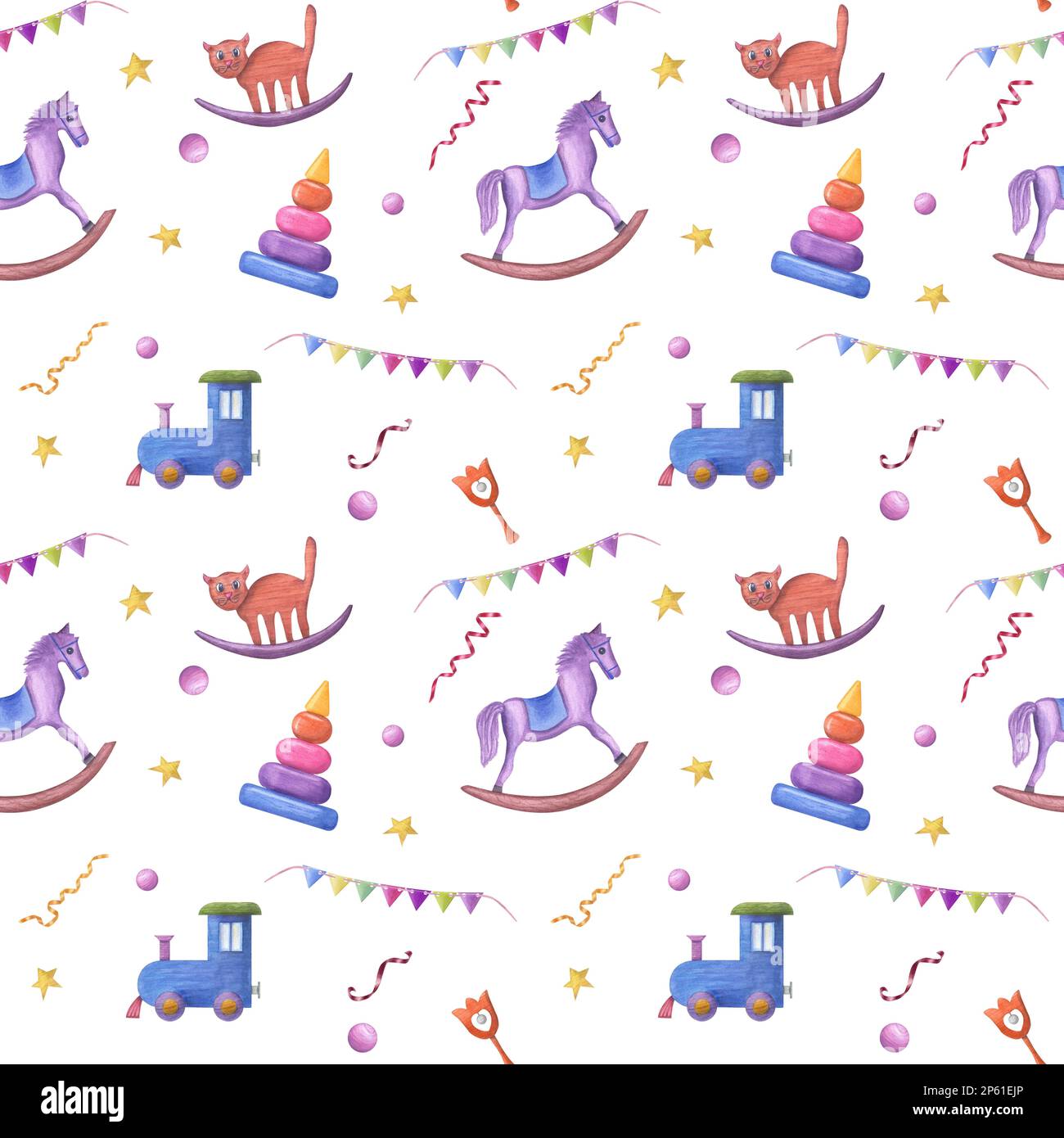 Watercolor seamless pattern of kid wooden toys isolated on white ...