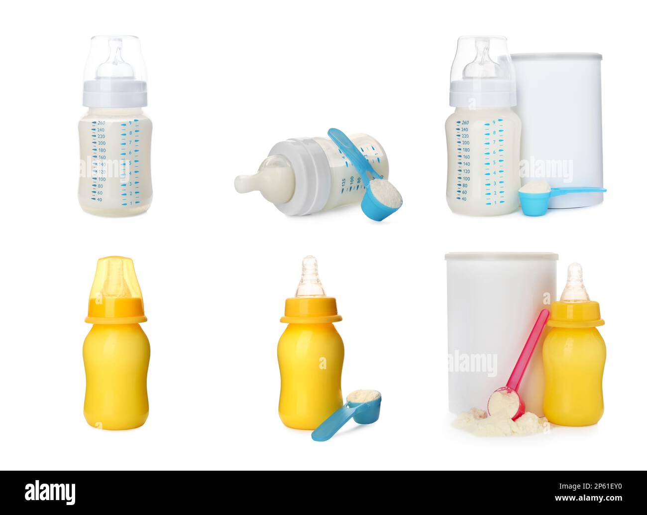 Feeding bottles with infant formula on white background, collage. Baby ...