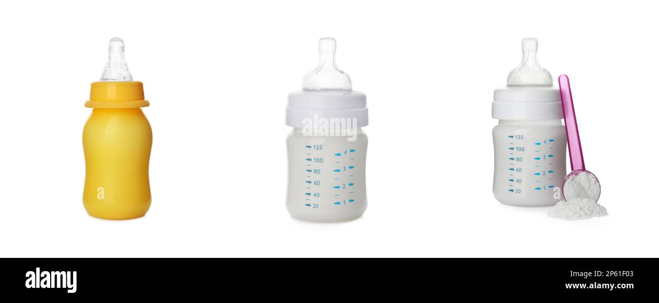 Feeding bottles with infant formula on white background, collage. Baby ...