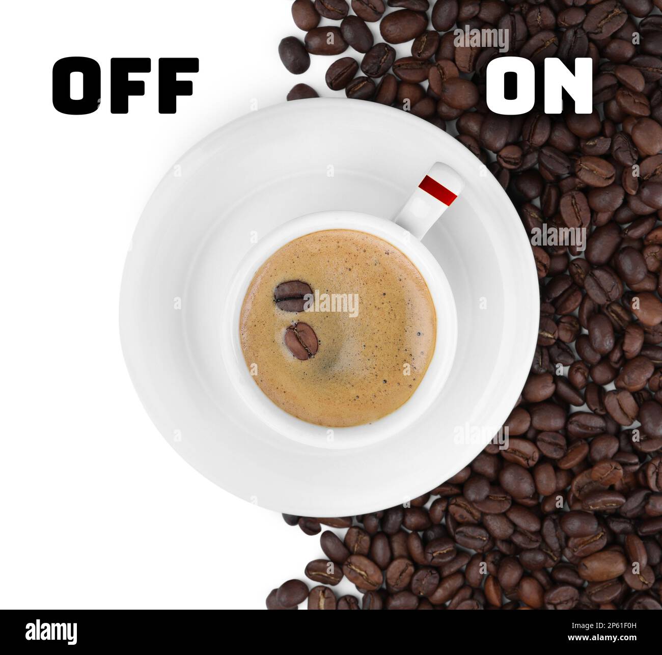 Coffee break. Cup of aromatic hot drink and beans on white background ...