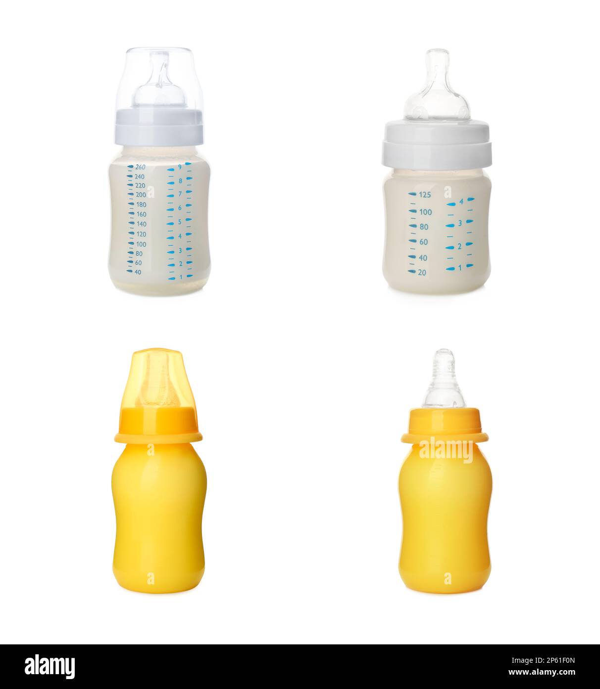 Feeding bottles with infant formula on white background, collage. Baby ...