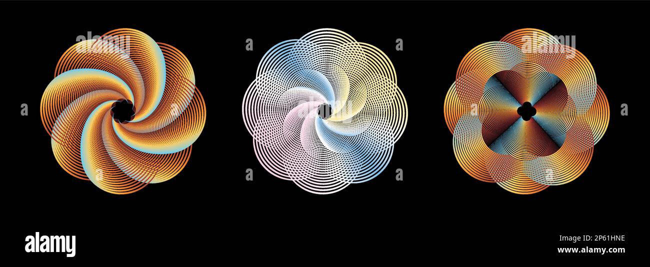 Colorful geometric circle design on a black background. A round flower ...