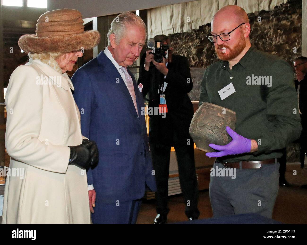 King Charles III and the Queen Consort view a Roman vase, during a ...