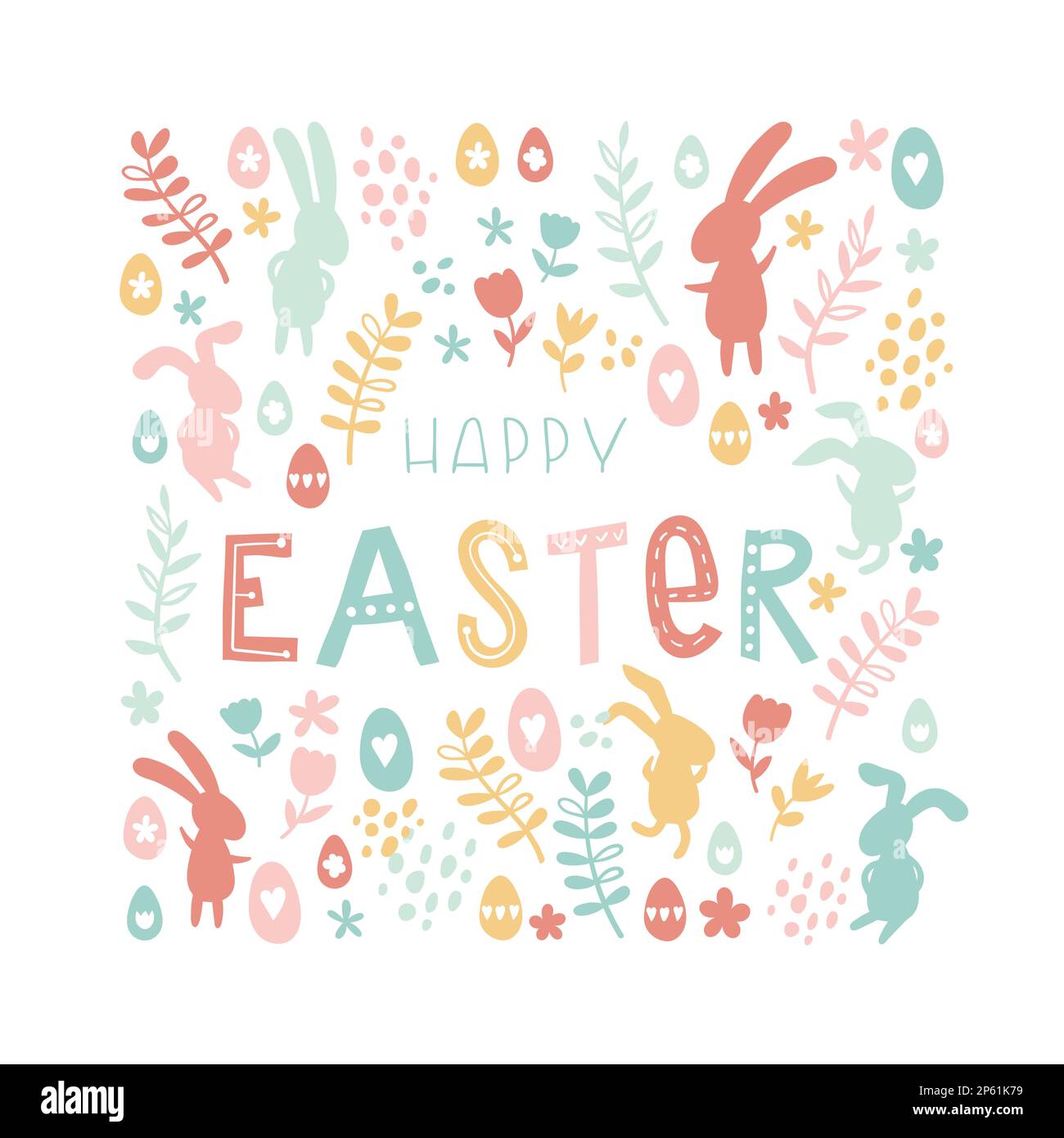Cute hand drawn easter bunnies design, easter doodle background, great ...