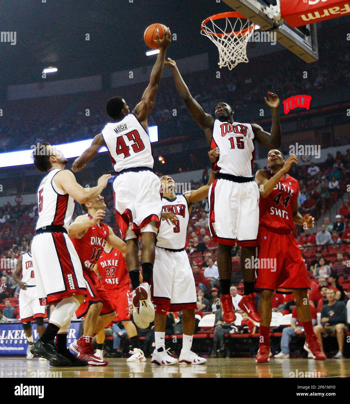 Mike Moser (43) and Anthony Bennett (15) of the UNLV men's basketball ...