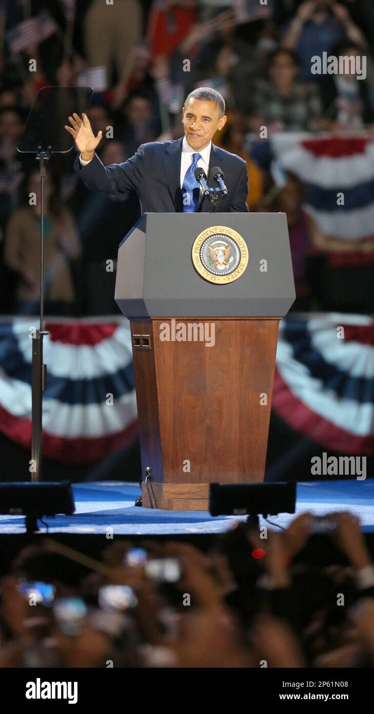 U.S. President Barack Obama delivers his victory speech during an ...