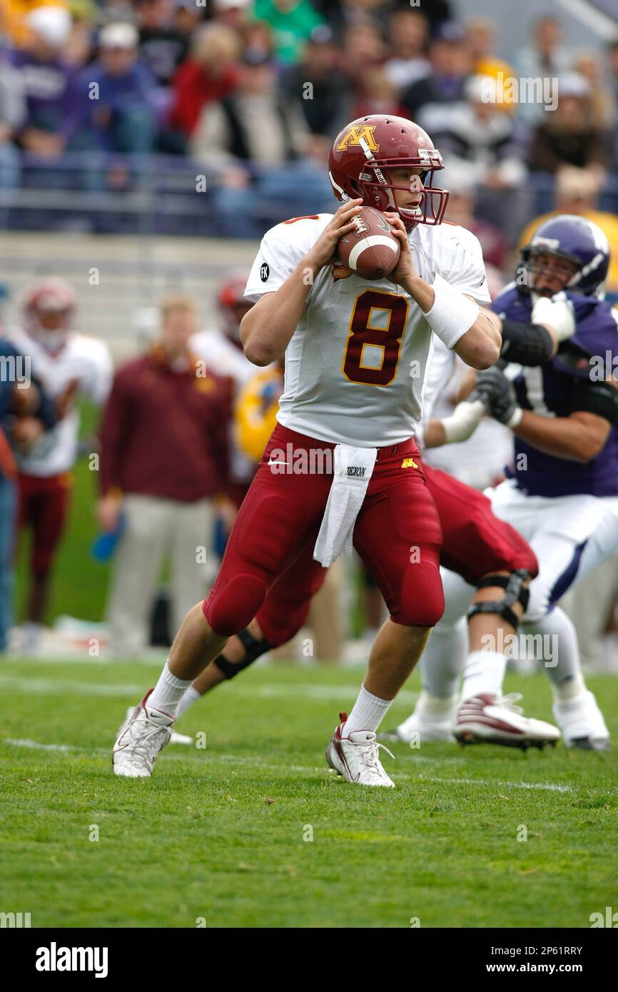 EVANSTON, IL - OCTOBER 13: Quarterback Adam Weber #8 of the Minnesota ...