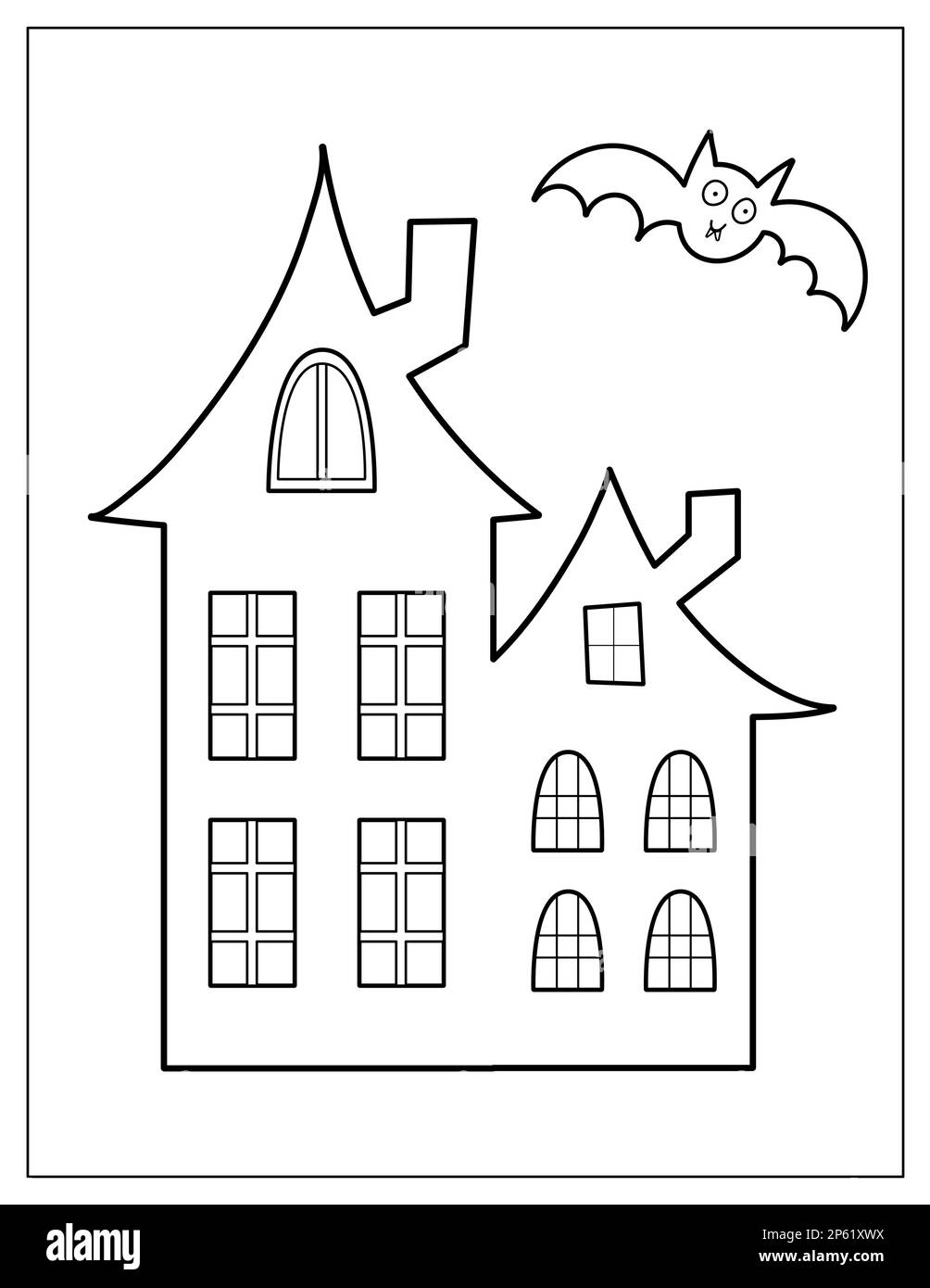 Happy Halloween coloring page with spooky house and bat. Halloween ...