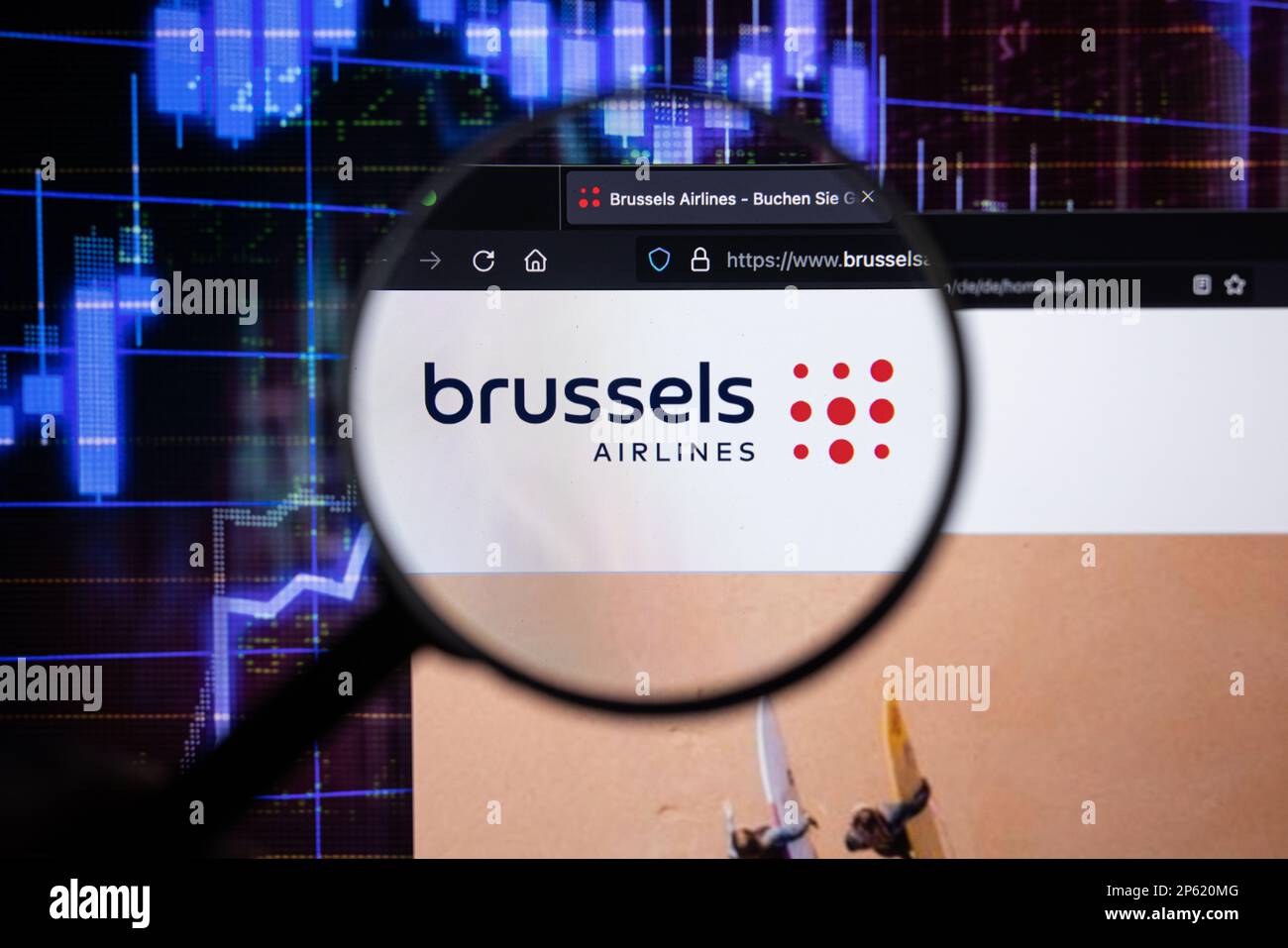 Brussels Airlines company logo on a website with blurry stock market developments in the ...