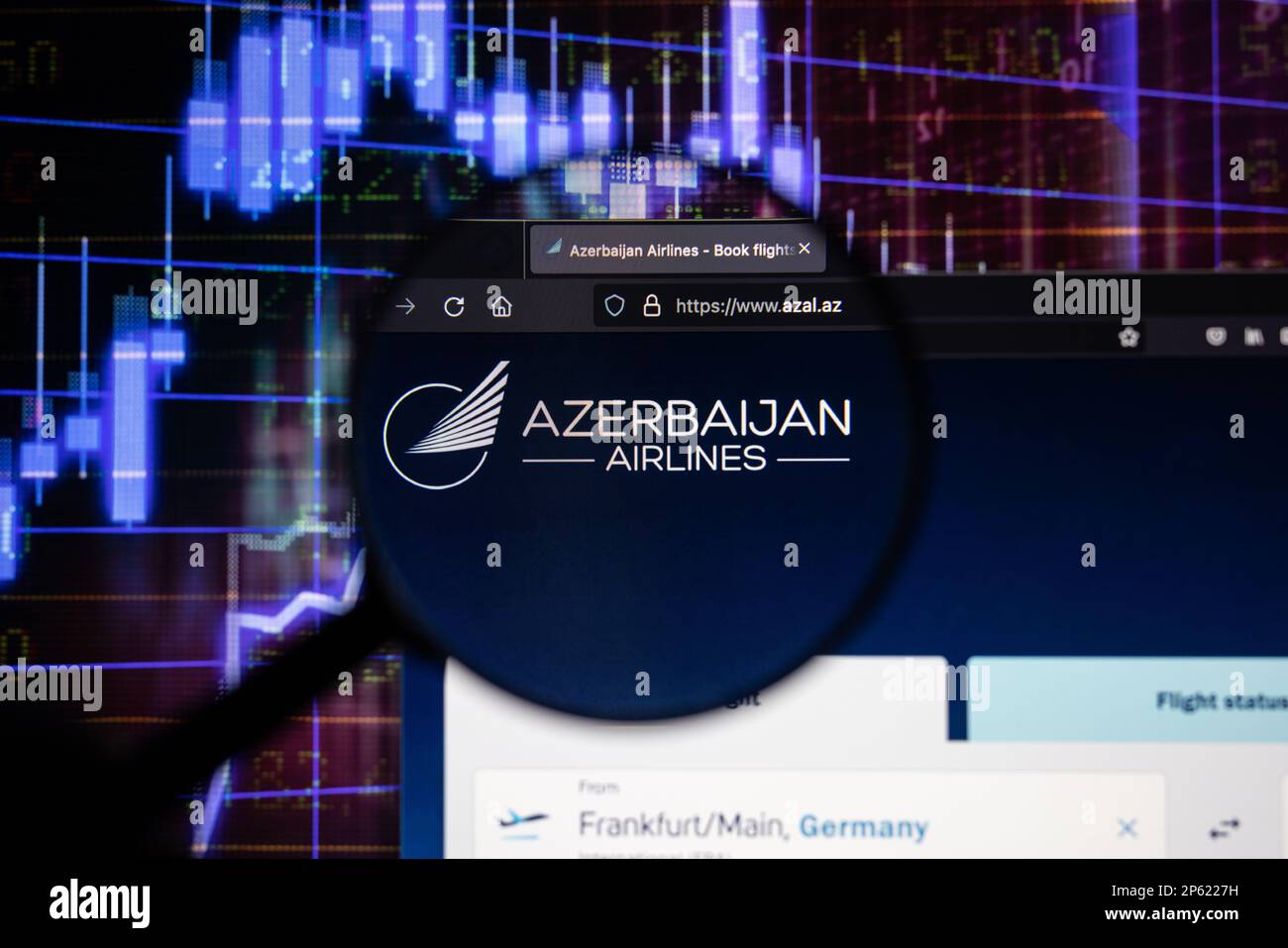 Azerbaijan Airlines company logo on a website with blurry stock market developments in the ...