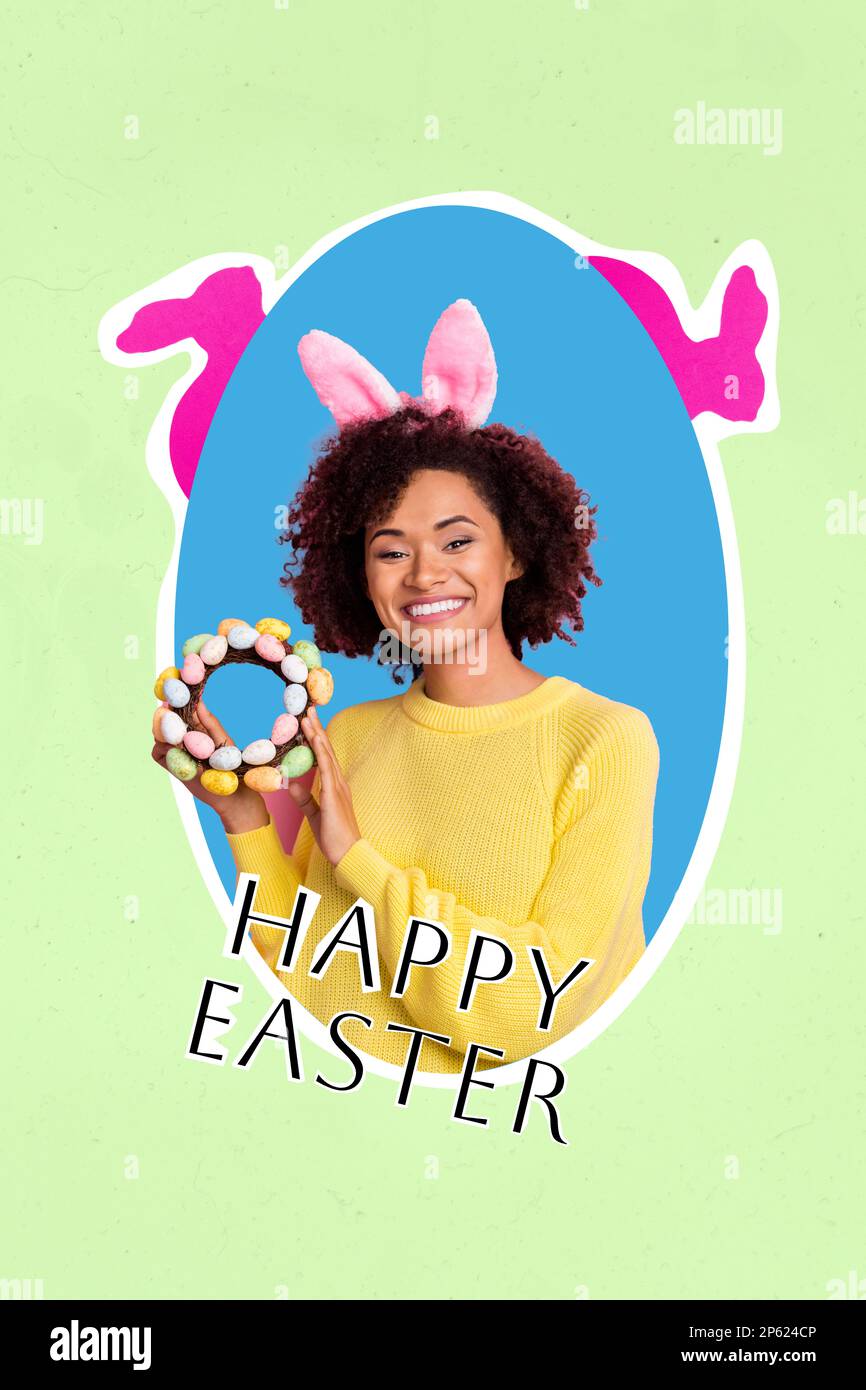 Collage artwork photo young woman showing her masterpiece Easter ...