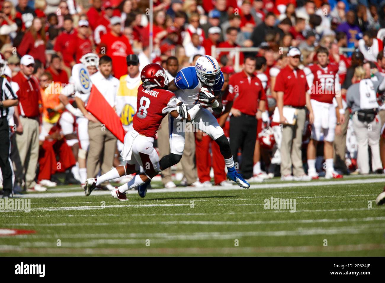Nov 3, 2012: Razorback corner back Tevin Mitchell #8 works to bring ...