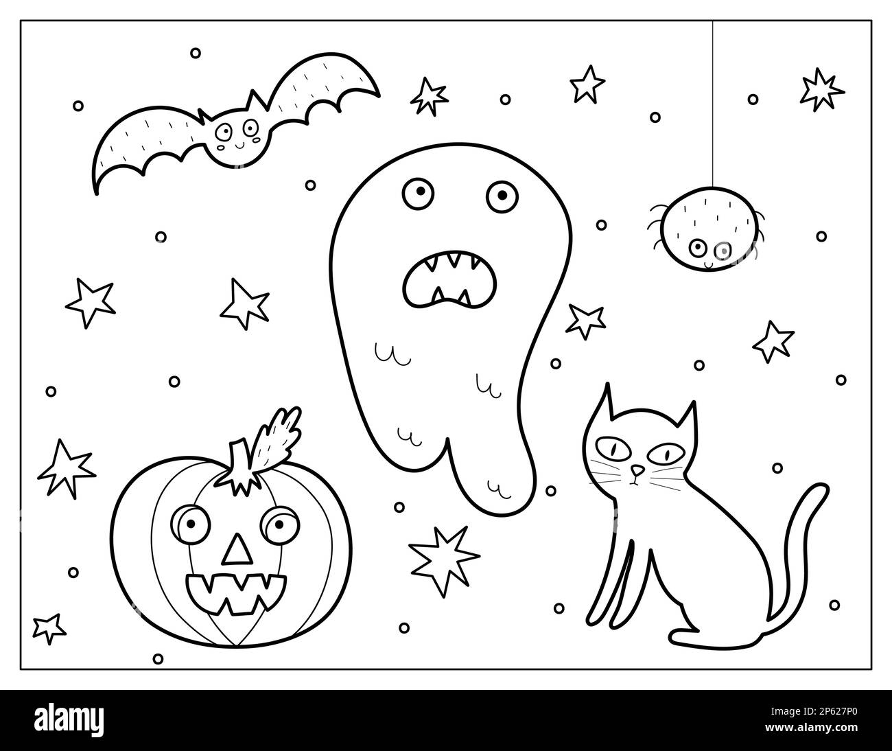 Halloween coloring page with a ghost, cat and pumpkin. Spooky print in ...