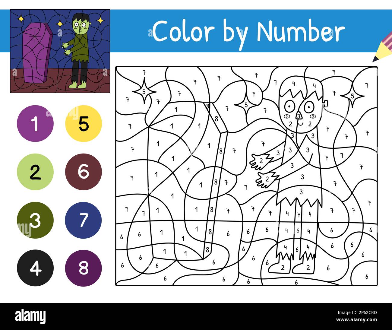 Cute zombie with coffin color by number game for kids. Coloring page ...