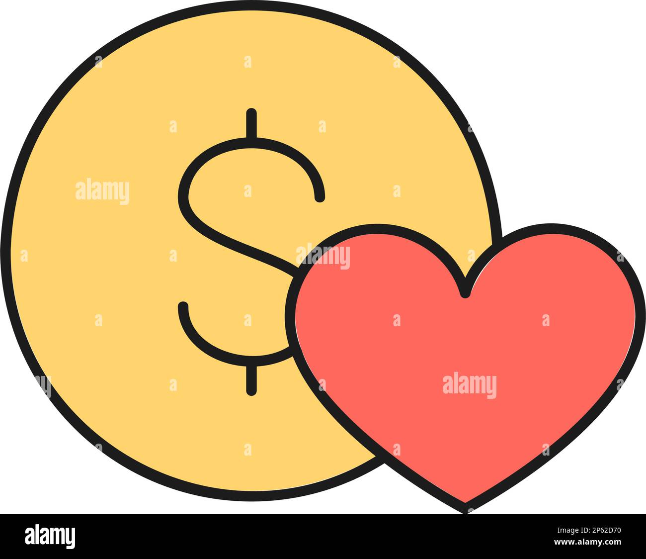 Coin with heart, giving a love, charity, donation color lineal icon ...