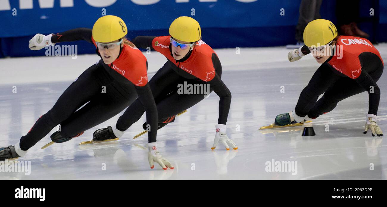 From left, Caroline Truchon, Marianne Gelais and Jessica Gregg round ...