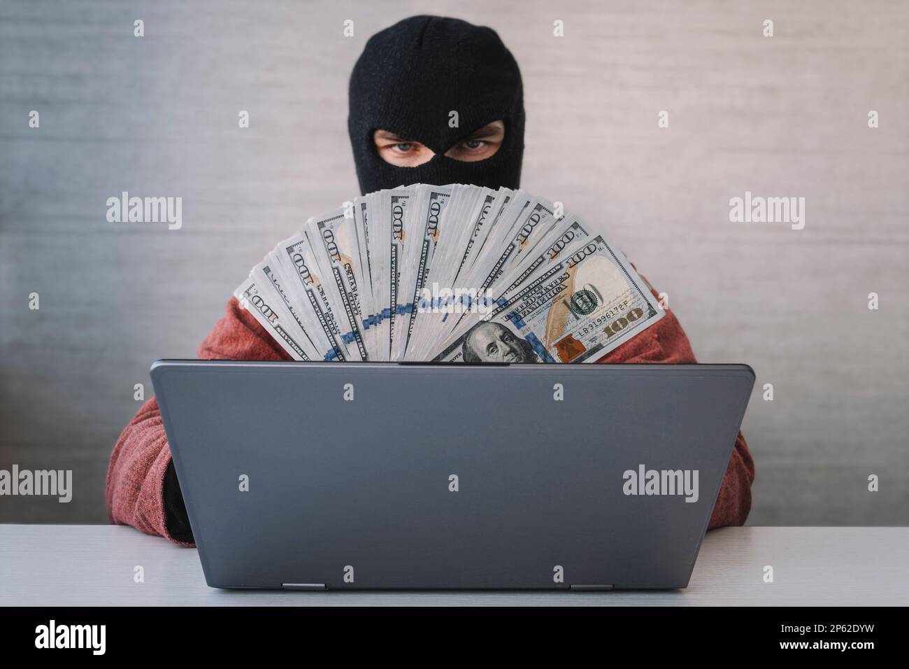 a male thief holds dollars in his hand. using a laptop computer for ...