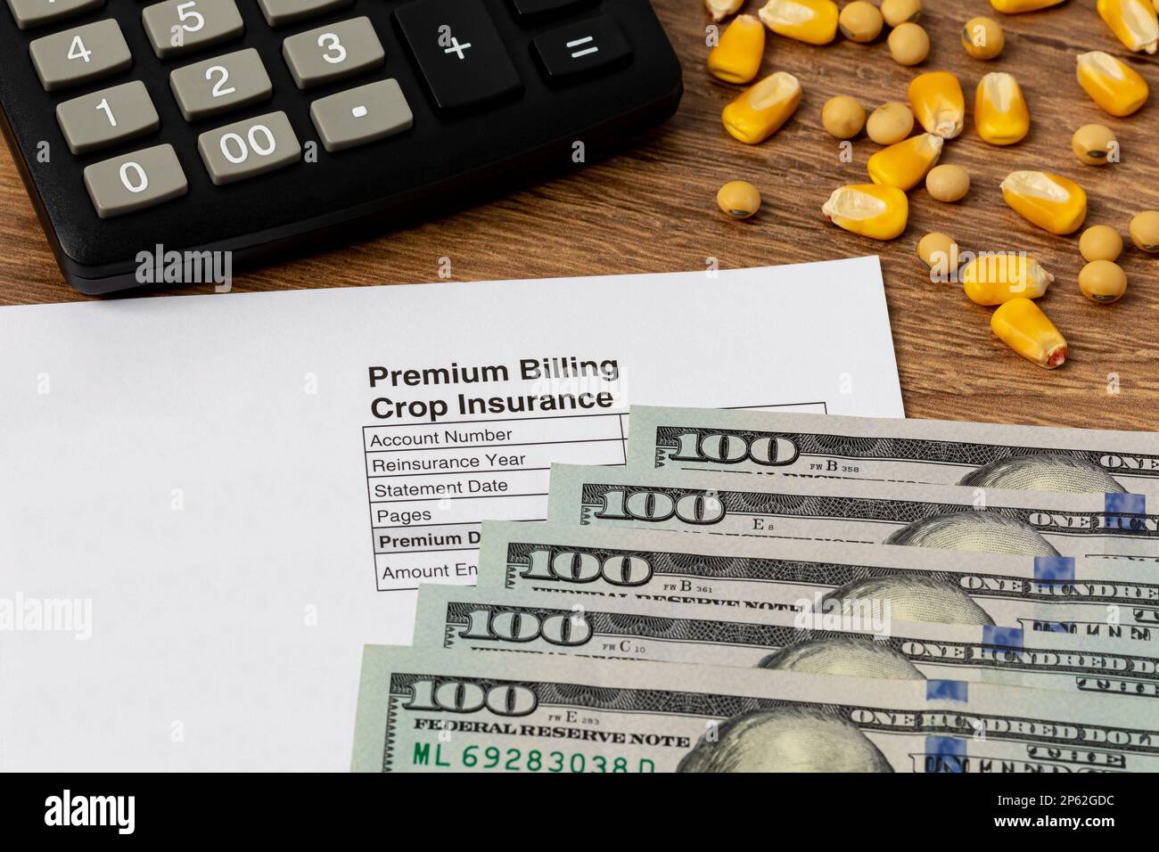 Crop insurance premium bill with soybeans and corn. Concept of grain ...